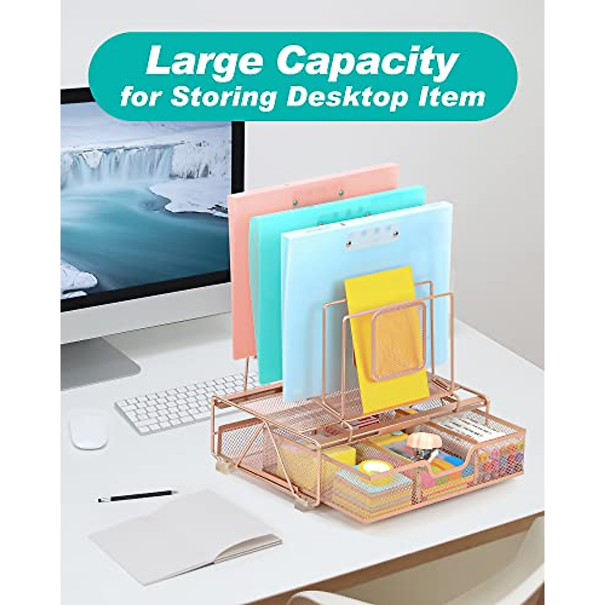 Beiz Rose Gold Desk Organizer and Accessories Storage with 5 Stacking File Folder Sorter, Paper Tray, Drawer, 60 Colorful Clips Set (Included), Desktop Organization for Women Office