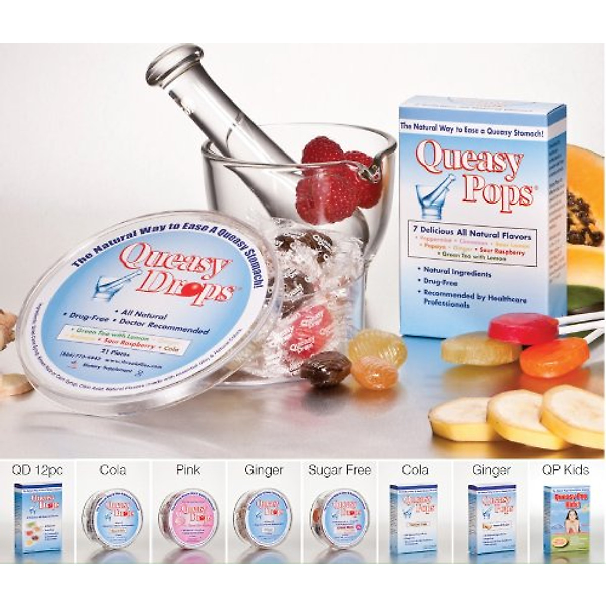 Queasy Drops Sugar Free | 21 Drops | Nausea (Chemo, Motion Sickness etc.) | Drug Free & Gluten Free | Five Flavors: Ginger, Papaya, Cola, Banana, & Raspberry