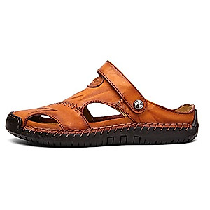 Honeystore Men's Leather Hollow Athletic Sandals Slip-on Roman Casual Shoes Light Brown 13.5 D(M) US Men