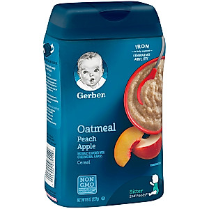 Gerber Probiotic Oatmeal and Peach Apple cereal helps expose babies to new tastes while providing essential nutrition. Gerber cereals have iron to help support learning ability as well as Calcium, Vitamins C and 6 B Vitamins for healthy growth.