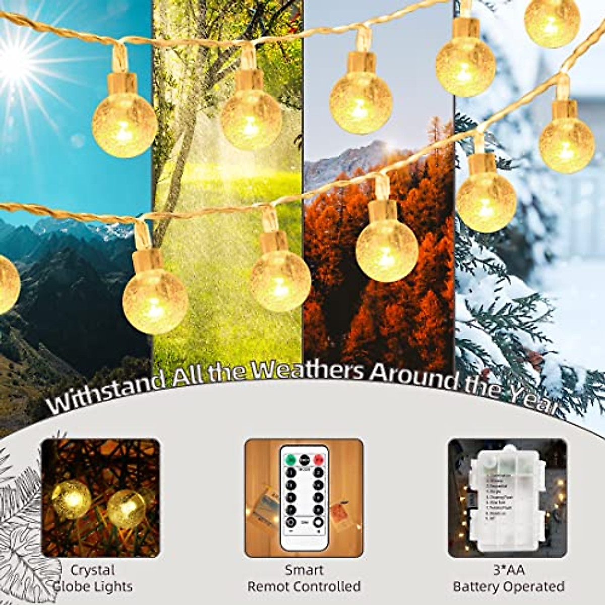 Globe String Lights Battery Operated Outdoor Lights with Remote Timer 20FT 40 LED Fairy Lights Indoor Outdoor Waterproof Hanging Lights for Patio Gazebo Balcony Garden Bedroom Christmas Décor Yummuely