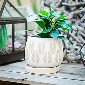 Chonsun Ceramic Planter with Saucer 6 Inch Plant Pots Indoor Oudoor Planter with Drainage Hole Flower Pots Succulent Plant Pots Mid-Century Ceramic Planter White