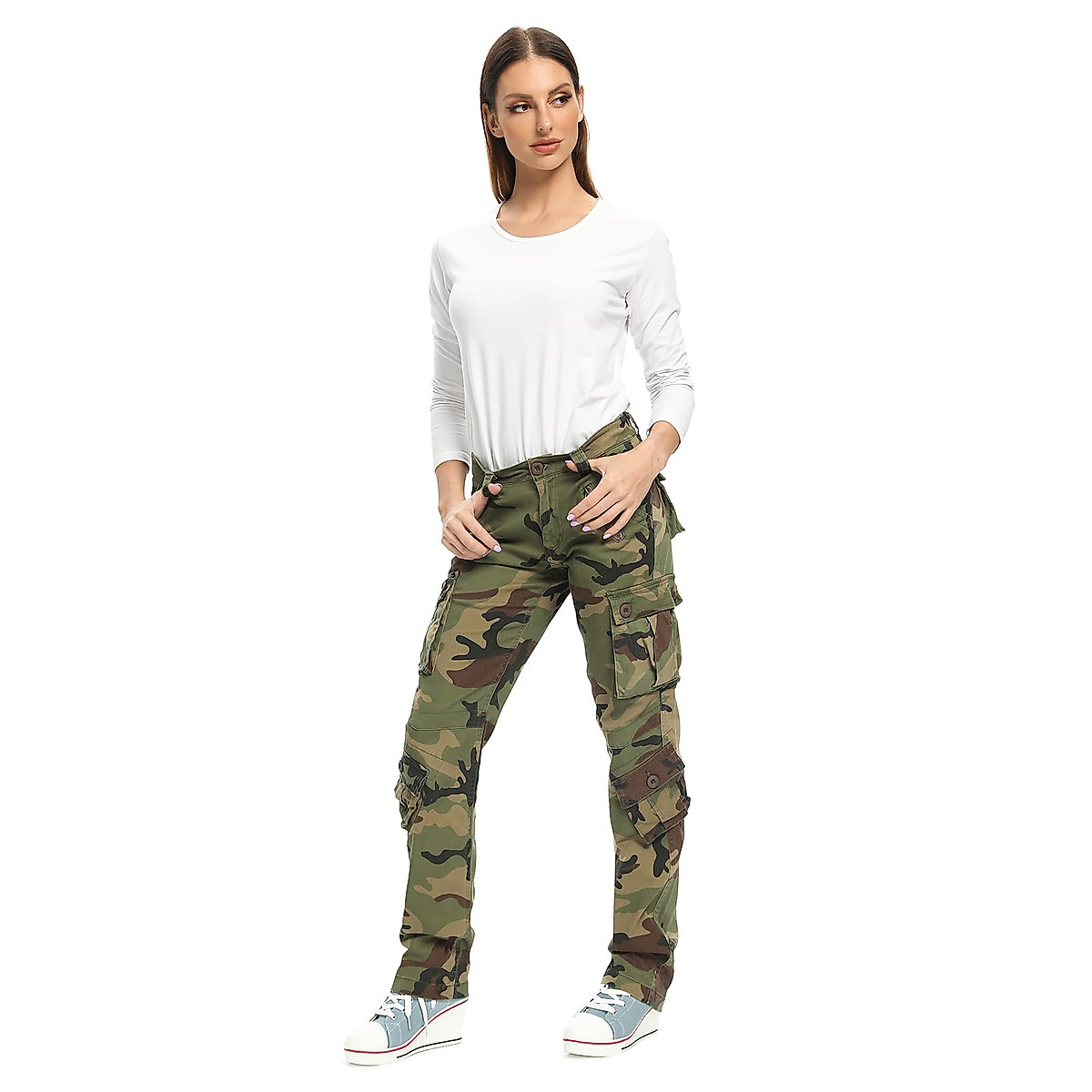 OCHENTA Womens Cotton Stretch Camo Cargo Pants Combat Tactical Casual Work Travel with Pockets with 8 Pockets Camo 29 Size 6