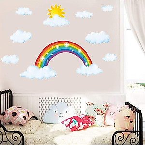 Large Sparkling Rainbow Wall Decal 21.6 x43.7inch, Rainbow Cloud Sun Wall Sticker, Peel and Stick Removable Rainbow with Sun Clouds Wall Stickers Wall Mural for Kids Nursery Bedroom