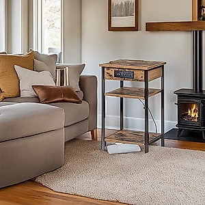 VGWHY End Table with Charging Station, 3 Tier Side Table with USB Ports and Power Outlets, Rustic Brown Night Stand for Living Room, Bedroom