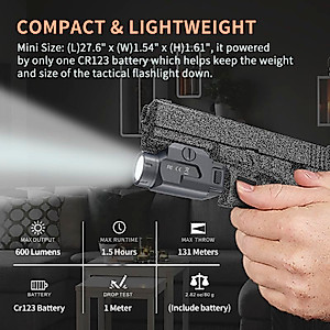 ELFGO Compact Rail Mounted Pistol Light, 600 Lumens Mini LED Strobe Tactical Flashlight Weapon Light, Gun Lights for Glock, Picatinny MIL-STD-1913, Springfield
