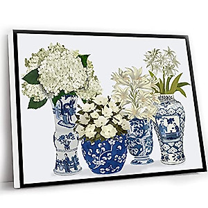 Windrain Wall Decor Farmhouse,Chinoiserie Blue And White Ginger Jar Floral Prints,Hamptons Coastal Art,Chinese Wall Art,Living Room Wall,Hydrangea Magnolia Lilies,8x12 Inch Framed Wall Art, white 9