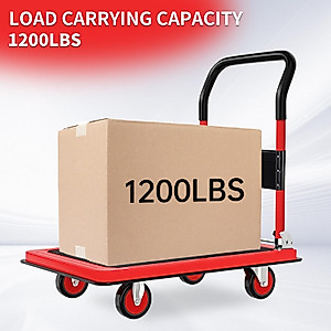 Heavy Duty Steel Platform Truck Cart，1200 lbs Weight Capacity and 360 Degree Swivel Wheels, Foldable Push Hand Cart for Loading and Storage, Reinforced Base Plate (Red,Large)