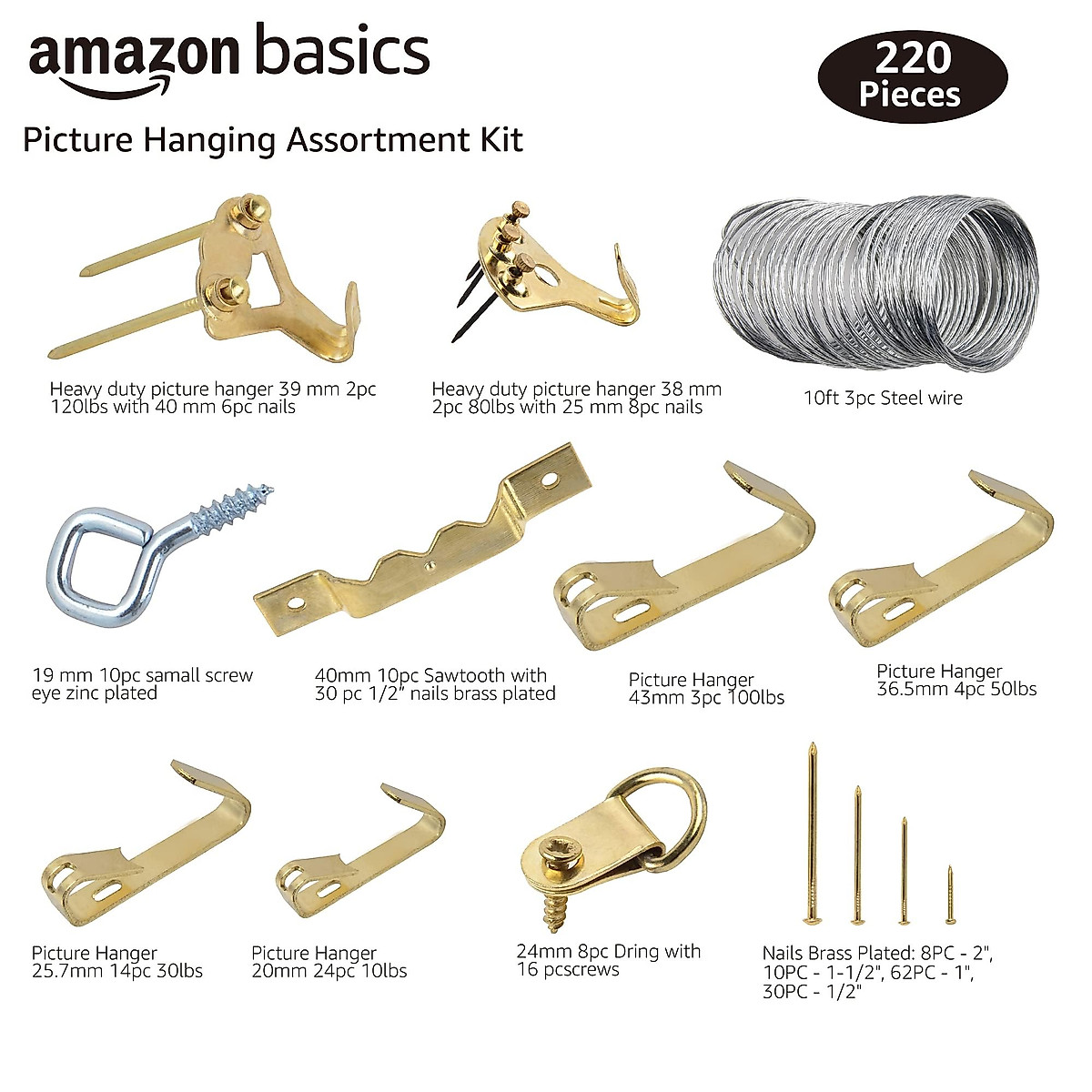 Amazon Basics Picture Hanging Assortment Kit, Brass, 220 Piece Set