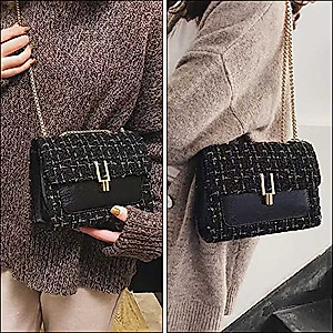 Qiayime Women Small Shoulder Bag Crossbody Bag Fashion Ladies Chain Quilted Tweed Purse Evening Bag Clutch Handbag (Black-1)