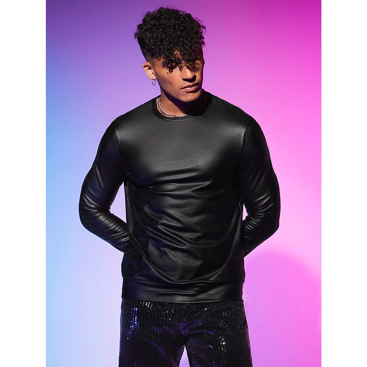 WDIRARA Men's Round Neck Long Sleeve PU Leather Sweatshirt Party Club Pullovers Black S