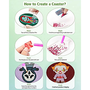 8Pcs Diamond Painting Coasters with Holder,DIY Halloween Life Coaster Diamond Art Kits for Adults Kids,Beginners Round Full Drill Diamond Art Craft Supplies