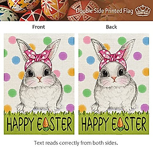 CROWNED BEAUTY Happy Easter Bunny Garden Flag 12x18 Inch Double Sided for Outside Burlap Small Polka Dots Yard Holiday Decoration CF705-12