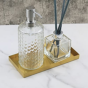 FREELOVE Sanding Gold Decorative Tray with Lettering, Perfume Organizer Jewelry Holder Makeup Plate Centerpieces for Vanity Dresser Coffee Table Nightstand Counter Bathroom Sink Desk Decor (4''X8'')