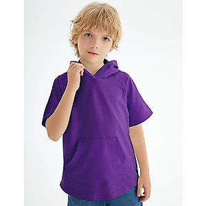 Spring&Gege Boys Light Weight Short Sleeve Hoodie Casual Solid Pullover Hooded T-shirt with Pocket, Purple, 9-10 Years