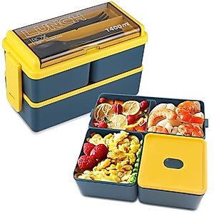 NatraProw Bento Box Adult Lunch Box, 3-in-1 Stackable Lunch Containers, 47OZ Bento Box with 4 Compartments, Fork & Spoon, Leak Proof, Microwave Safe (Blue)