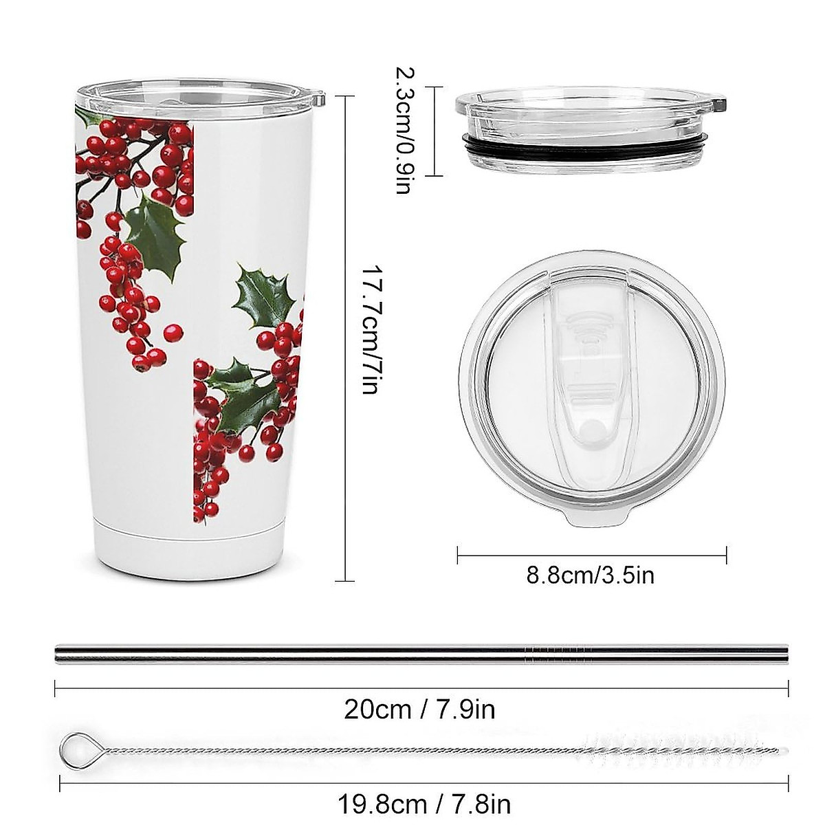 20 Oz Tumbler With Straw Leak Proof Thermos Cup, Holly Berry Branches Stainless Steel Insulated Travel Coffee Mug Fit for Car Cup Holder