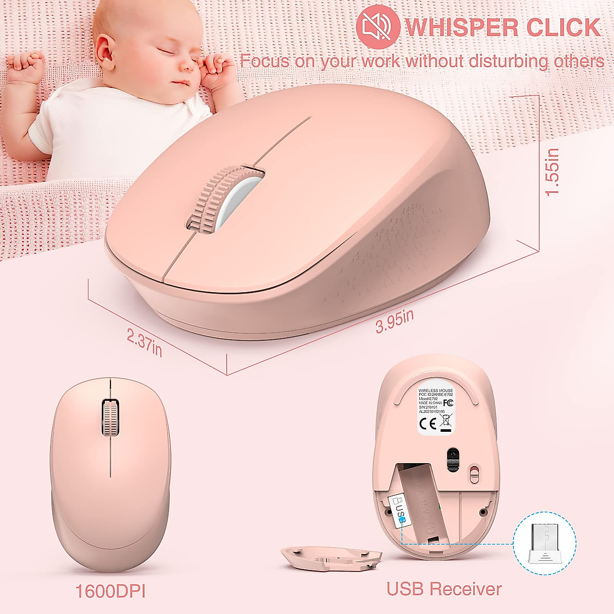 Wireless Keyboard and Mouse Combo, WisFox 2.4G USB Wireless Ergonomic with Phone Holder, Full-Size Keyboard and Mouse Set for Computer, Laptop and Desktop(Pink)