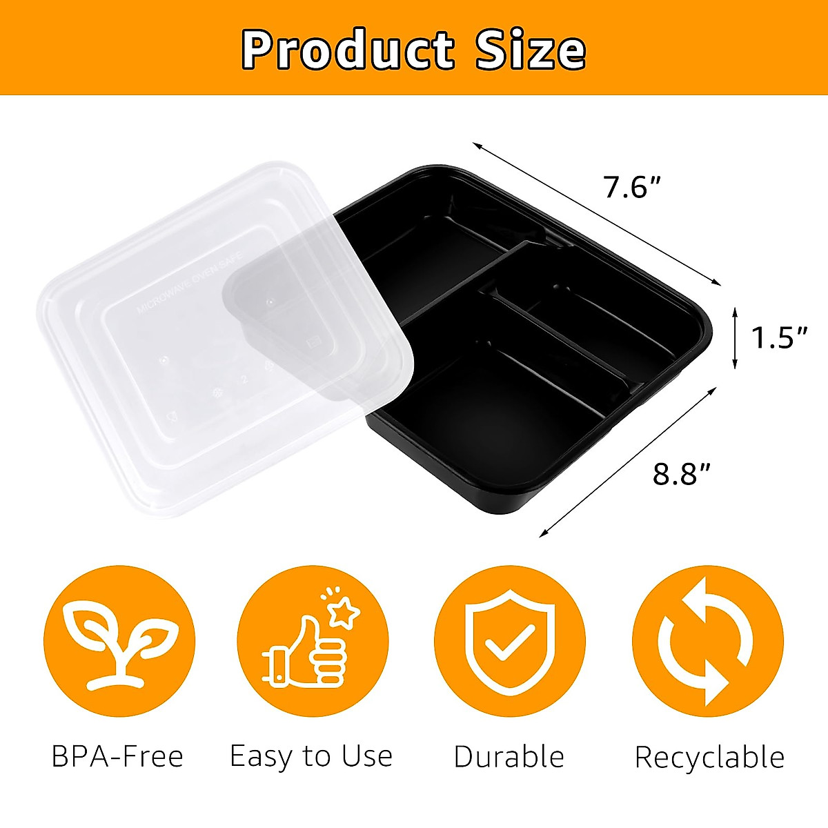 50 PACK, 32 oz. Meal Prep 3 Compartment Containers, Extra Large & Thick Food Storage Containers with Lids - BPA Free Stackable Microwavable & Dishwasher Safe, Travel, To Go, Bento Box, Black