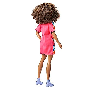 Barbie Fashionistas Doll #201 with Athletic Body, Curly Brunette Hair, Graffiti-Print Dress & Accessories