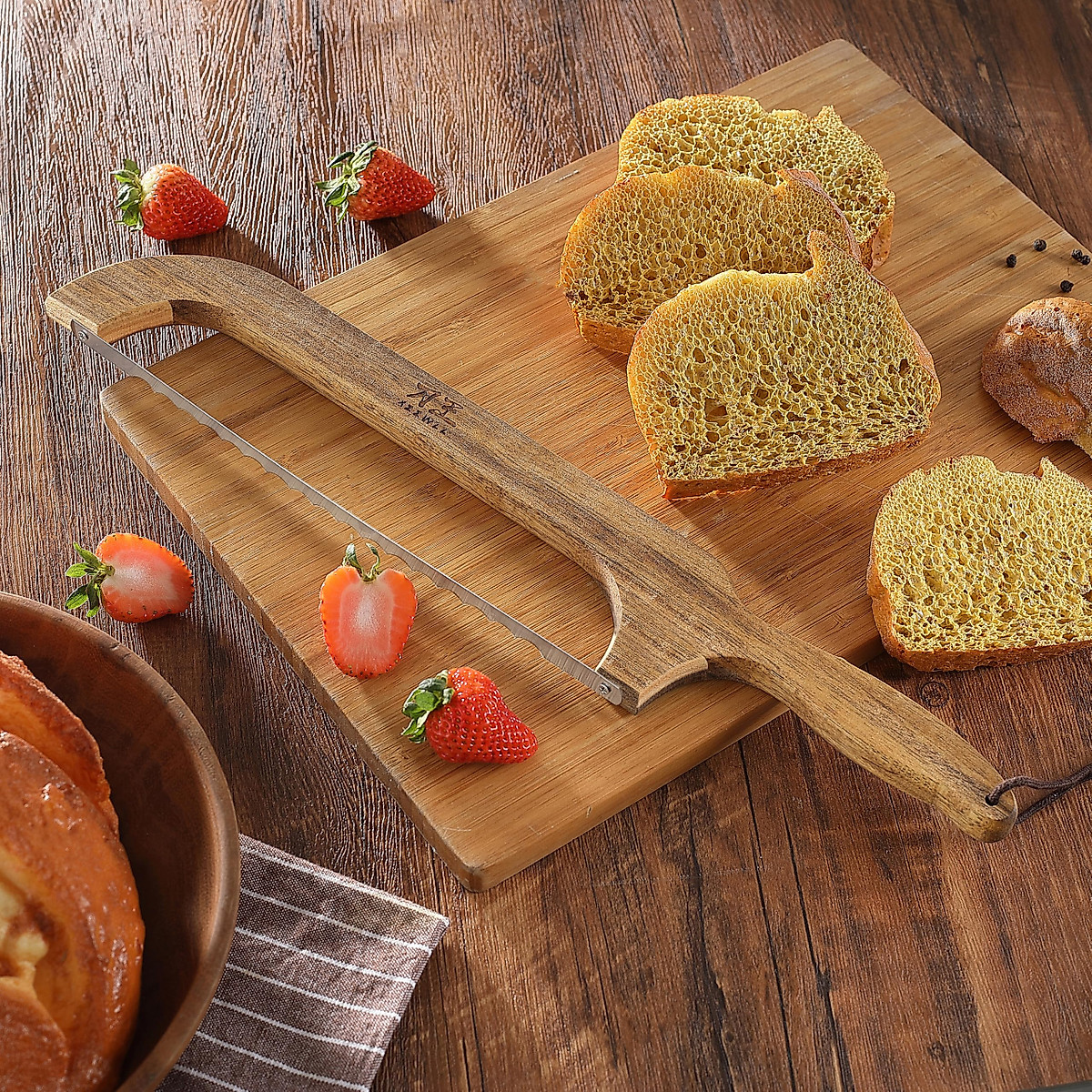 XZZWLL Bread Knife for Homemade Bread, 16.7" Wooden Serrated Sourdough Bread Knife, Stainless Steel Pointed Tips Blade and Bread Bow Knife Design, Bread Slicer for Homemade Bread