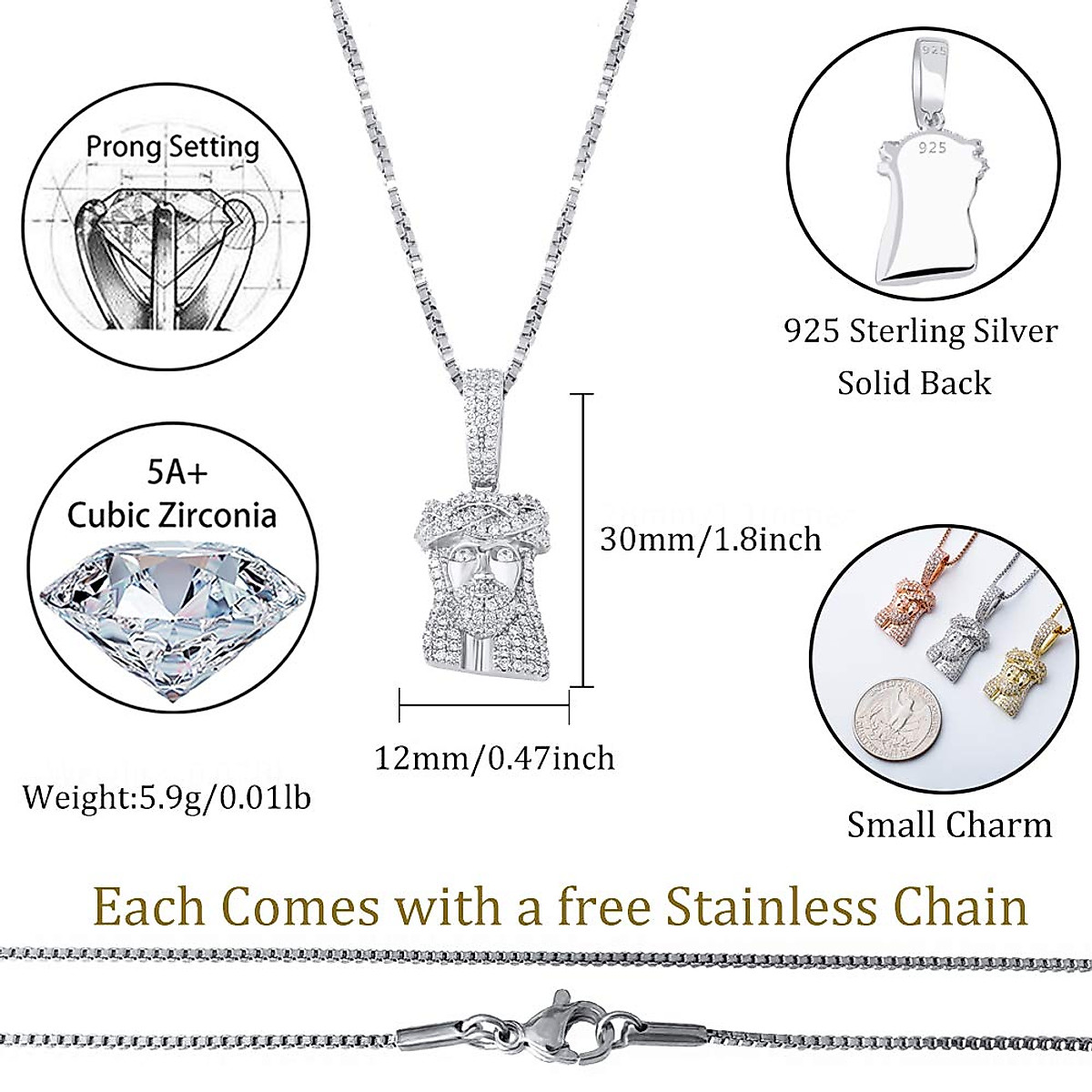 TOPGRILLZ 925 Sterling Silver Iced out Solid Small Jesus Piece Pendant Chain for Women Men Small Charm Jewelry Gifts (Silver 925S Small Jesus)