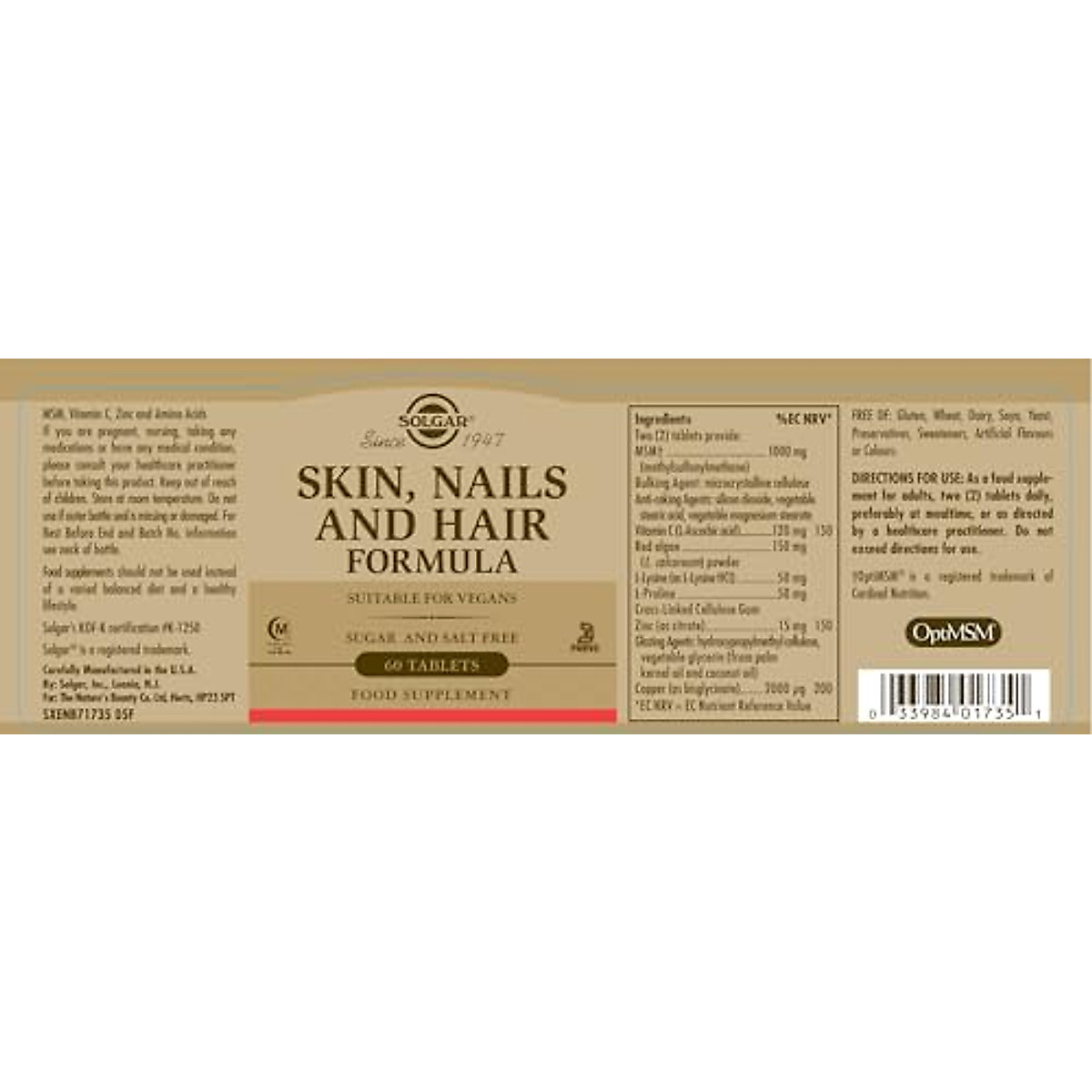 Solgar Skin, Nails & Hair, Advanced MSM Formula, 60 Tablets - Supports Collagen for Hair, Nail and Skin Health - Provides Zinc, Vitamin C & Copper - Non GMO, Vegan, Gluten & Dairy Free - 30 Servings