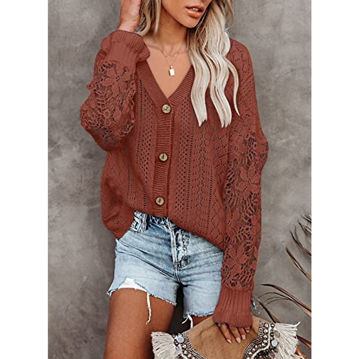 Dokotoo Women's V Neck Crochet Hollow Out Long Sleeve Button Down Cable Knit Cardigan Sweaters for Women Ladies Lightweight Tunic Fashion Sweater Pullover Tops Dark Orange M