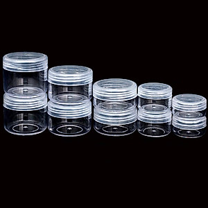 ZEJIA 10pcs Small Travel Containers, Clear Sample Containers with Screw Lids, 5 Size 3/5/10/15/20 Gram Sample Jars with 12pcs Labels and 2pcs Mini Disposable Spatula, Makeup Sample Containers BPA Free