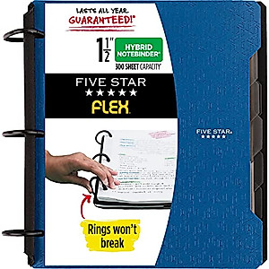 Five Star Flex Refillable Notebook + Study App, College Ruled Paper, 1-1/2 Inch TechLock Rings, Pockets, Tabs and Dividers, 300 Sheet Capacity, Blue (29324AD2)