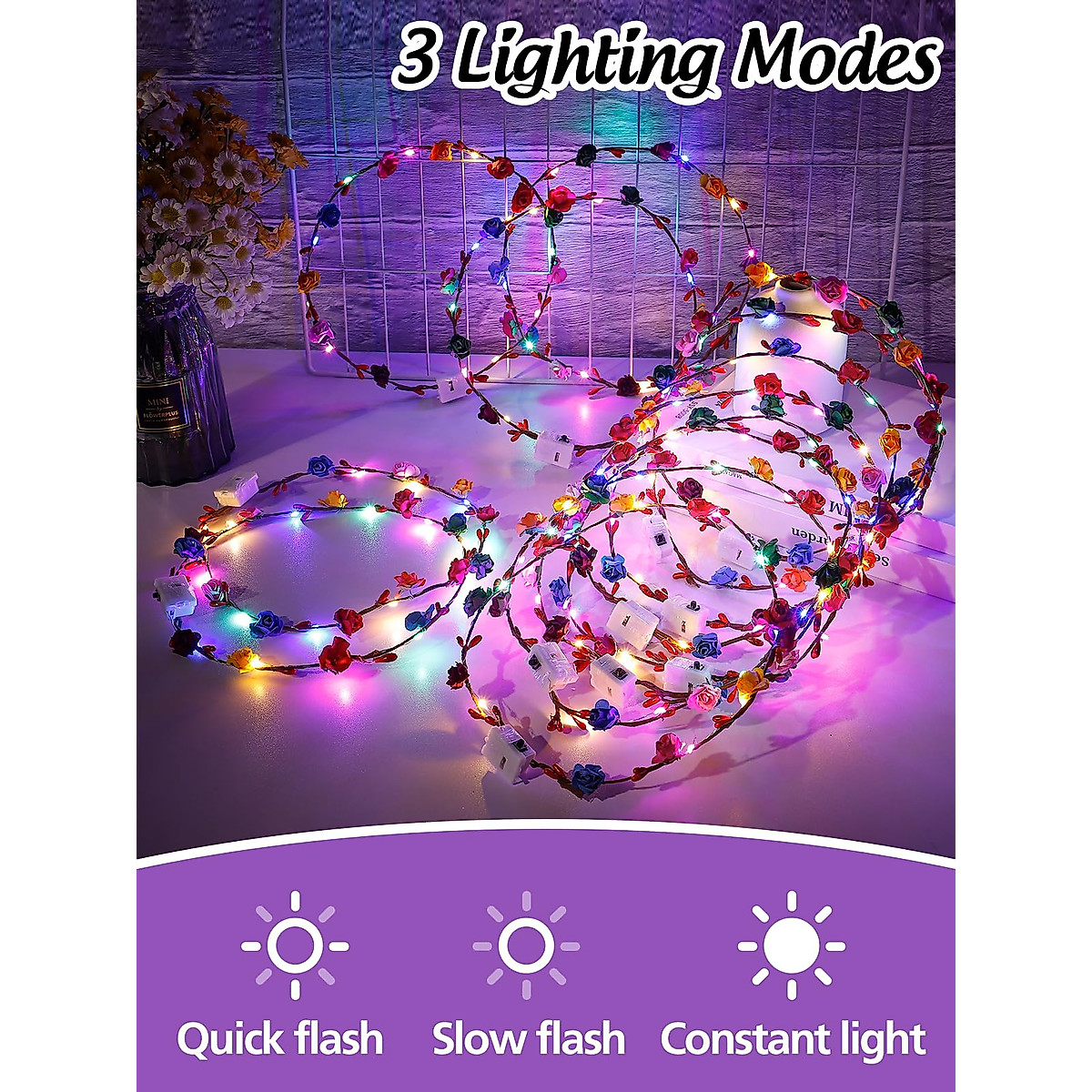 20 Pcs Halloween LED Flower Crowns Headbands - Light Up Headband for Women, Garlands Glowing Floral Wreath Crowns for Wedding Beach Party Birthday Cosplay