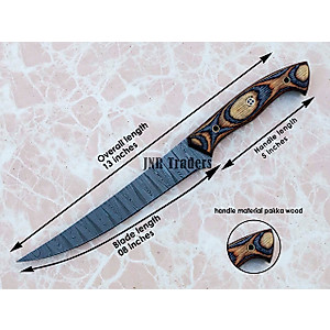 JNR Traders Damascus Boning Knife for Meat Cutting 13" Handmade Fillet Knife Thin Sharp Chef Kitchen Knife with Leather sheath Wood Handle vk3731