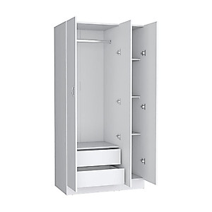 Wardrobe Erie with Four Storage Shelves, Two Drawers and Three Doors -White.