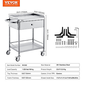 VEVOR Shelf Stainless Steel Utility Cart Catering Cart with Wheels Medical Dental Lab Cart Rolling Cart Commercial Wheel Dolly Restaurant Dinging Utility Services (2 Shelves/ 1 Drawer)