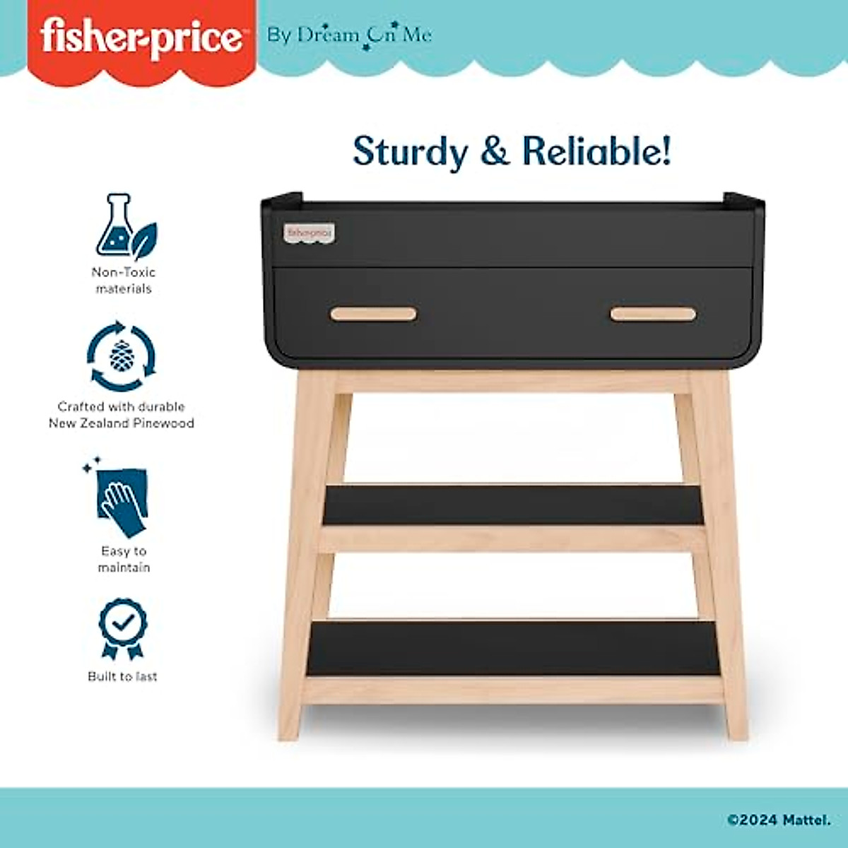 Fisher Price Iris/Siesta Changing Table by Dream On Me, Matte Black Vintage Oak, JPMA & Greenguard Gold Certified, with a Bottom Closed Drawer and Two Open Shelves for Storage