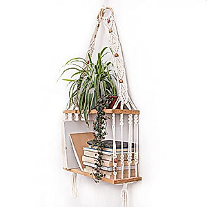 TENEWEE Boho Wall Hanging Shelves Macrame Floating Plant Photos Wood Shelf for Bedroom Living Room Apartment Decor