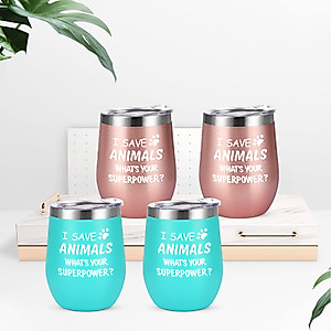 I Save Animals, Whats Your Superpower- Stainless Steel 4 Pack Wine Tumbler with Lid, Birthday Christmas Ideas for Veterinarian Veterinary Technician, Doctor Assistant Graduation(12oz, Rose Gold&Mint)