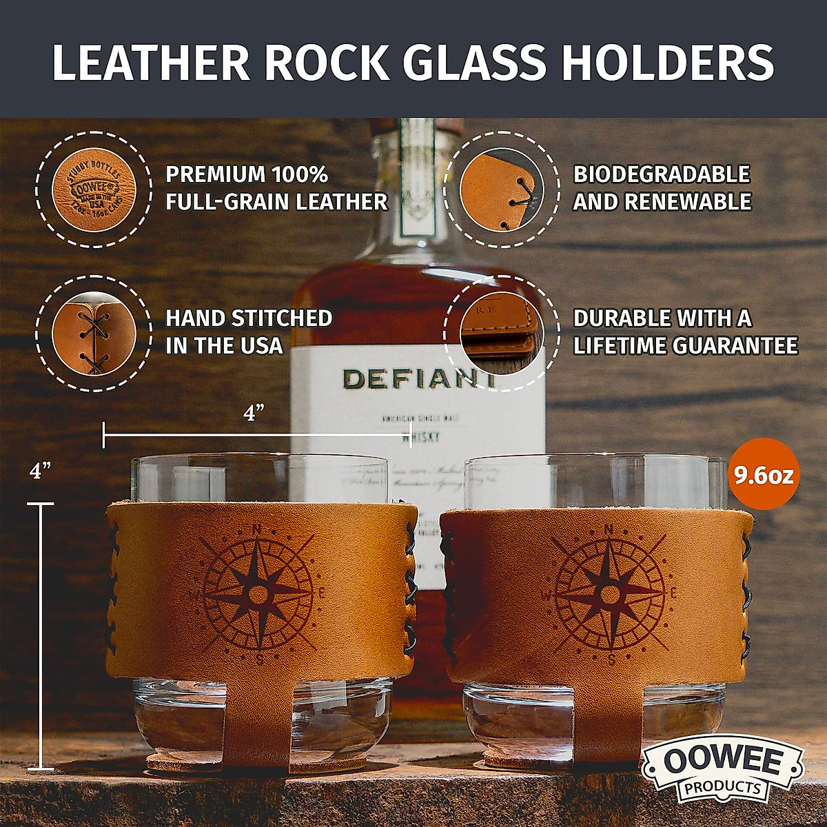 Oowee Genuine Leather Sleeve & Rocks Glasses - Set of 2 | 9.6 oz Whiskey Glasses & Old Fashioned Glasses | Great Gift for Men - Sleeve Made in the USA - Compass