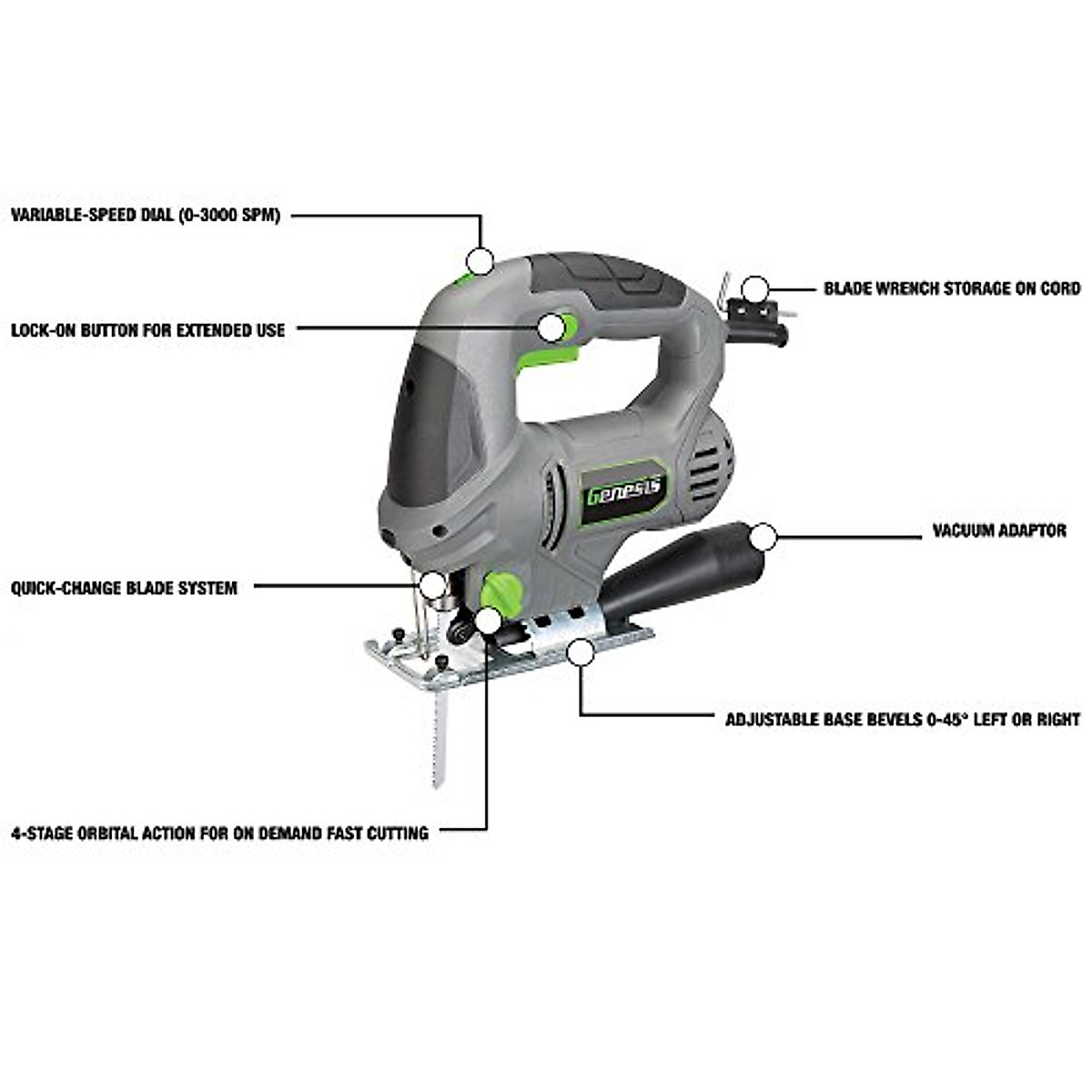 Genesis GJS500 5-Amp Variable-Speed Orbital Jigsaw with Blades