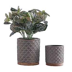 Yishang Cement Planter Flower Pot - 4.7 Inch and 6 Inch Indoor Plants Containers Without Drain Hole,Round Flower Planter Pots for Plants with Bamboo Saucer/Tray,Set of 2 (Brown).