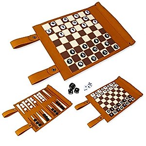 Andux Rollable 3 in 1 Chess Backgammon Board Game Microfiber Portable Chess Set PGSLQ-01(Brown)