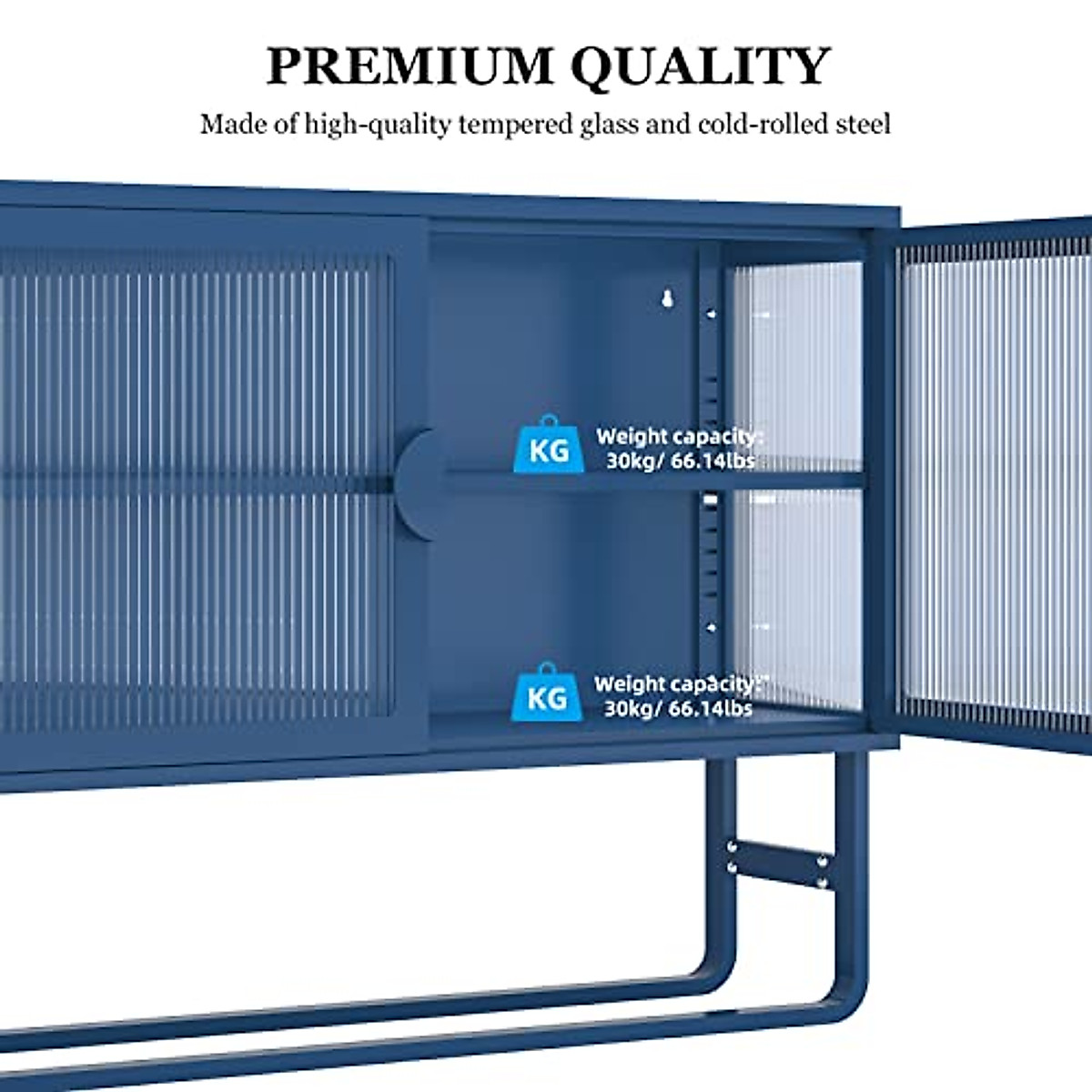 Double Glass Door Storage Cabinet, Retro Style Sideboard Buffet Cabinet with U-Shaped Leg Cold-Rolled Steel Cupboard Console Table with Adjustable Shelf for Living Room Dining Room Kitchen, Blue