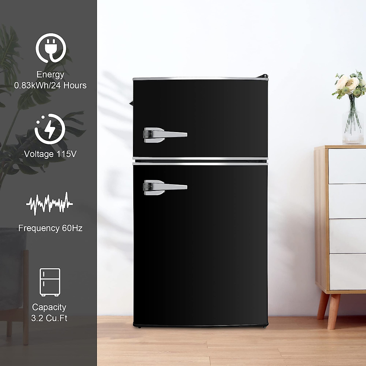 E-Macht 3.2 Cu.Ft Small Refrigerator with Freezer, 2 Door Black Mini Fridge, Energy Saving, Adjustable Thermostat Control, Adjustable Legs, Perfect for Apartment/Office/Dorm/Garage