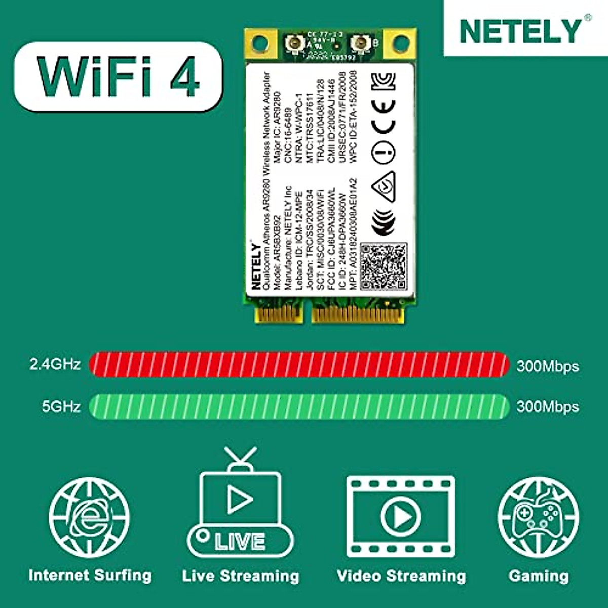 NETELY IEEE 802.11N Mini-PCIE Interface Dual Band 600Mbps WiFi Adapter for Laptop PCs and Desktop PCs, 2.4GHz 300Mbps and 5GHz 300Mbps, Qualcomm Atheros Wireless AR9280 Network Adapter (AR9280)