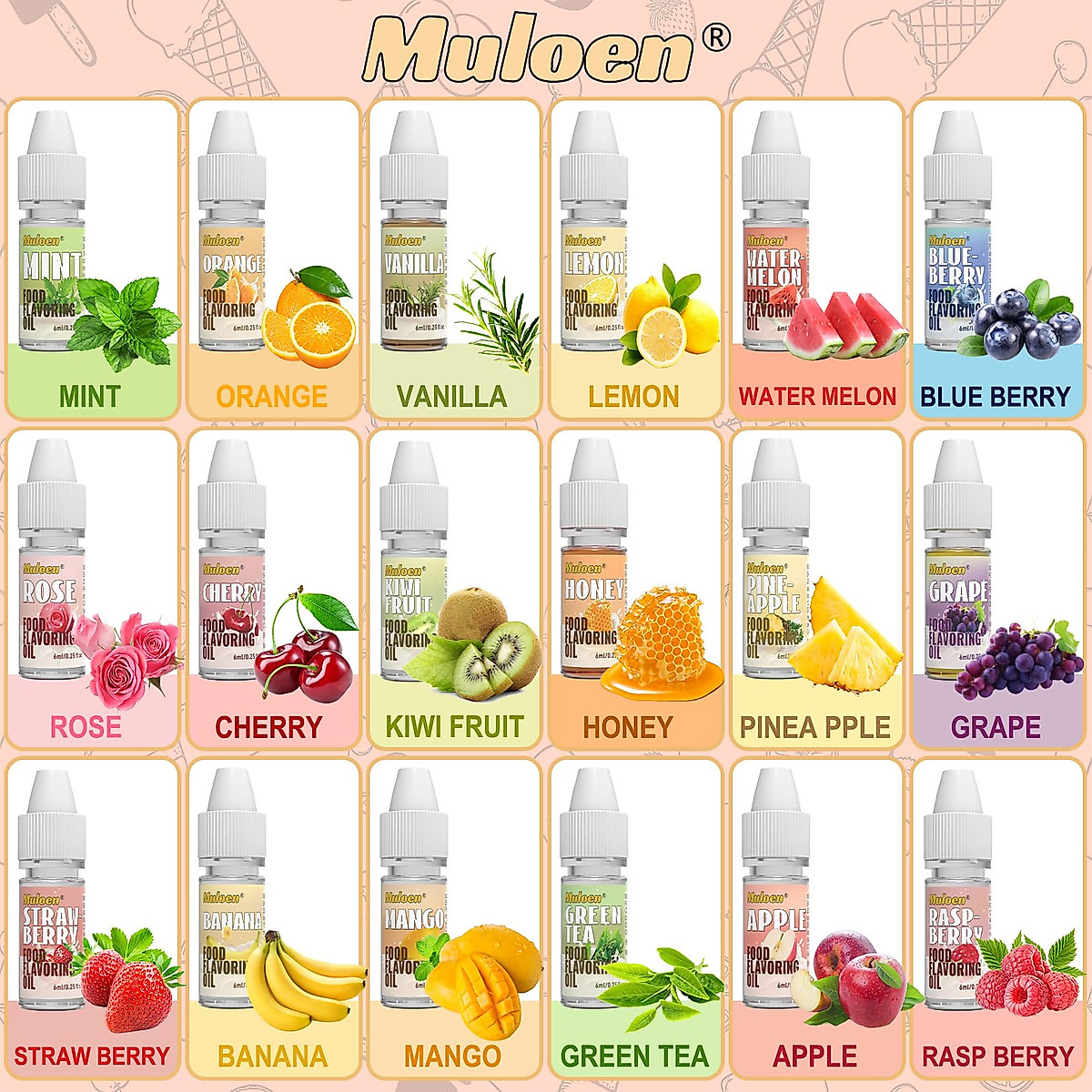 Food Flavoring Oil, 18 Flavors 100% Pure Natural Extract Liquid Oil - Water & Oil Soluble - Concentrated Candy Flavoring for Lip Balm, Baking, Drinks, Cooking, Soap - .25 Fl Oz (6 ml) Bottles