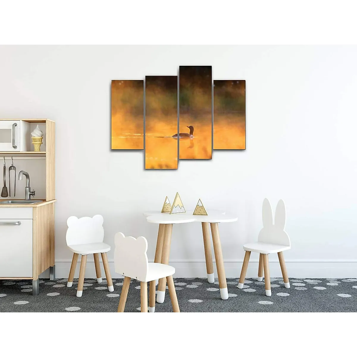 YKing1 red Throated Loon in Fog at Dawn Sunset Swims and Pictures Wall Art Painting Pictures Print On Canvas Stretched & Framed Artworks Modern Hanging Posters Home Decor 4PANEL