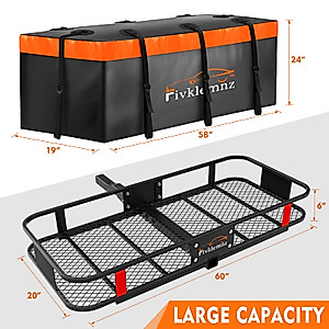 Foldable Hitch Cargo Carrier, 60" X 20" X 6" Heavy Duty Trailer Hitch Mount Luggage Basket with 500lb Capacity + 16 Cubic Waterproof Cargo Carrier Bag, Suitable for SUV, Truck, Car Traveling
