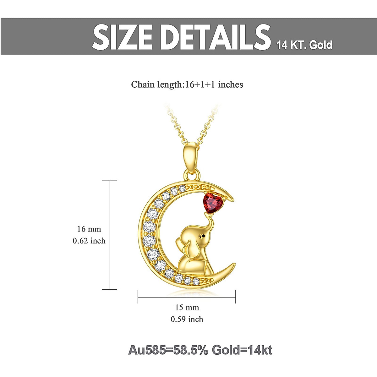 14K Gold Lucky Elephant Necklace with Garnet Moon Necklace with Moissanite Cute Animal Jewelry Gift for Women