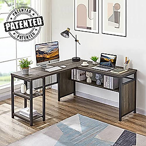 FATORRI L Shaped Computer Desk, Industrial Home Office Desk with Shelves, Rustic Wood and Metal Corner Desk (Walnut Brown, 59 Inch)