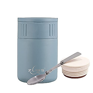 ZLINS Insulated Food Jar 13 oz, Foldable Spoon, Reusable Stainless Steel Lunch Thermos Container, Leak Proof Vacuum Lunch Storage for Soup Hot Cold, Portable Smoothie Bowl with Handle Lid (Blue)